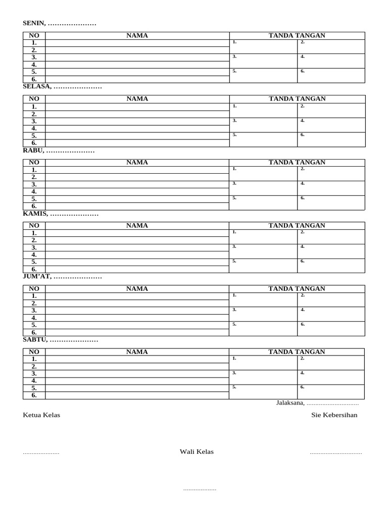 Absen Piket Kelas 9E 2024 | PDF