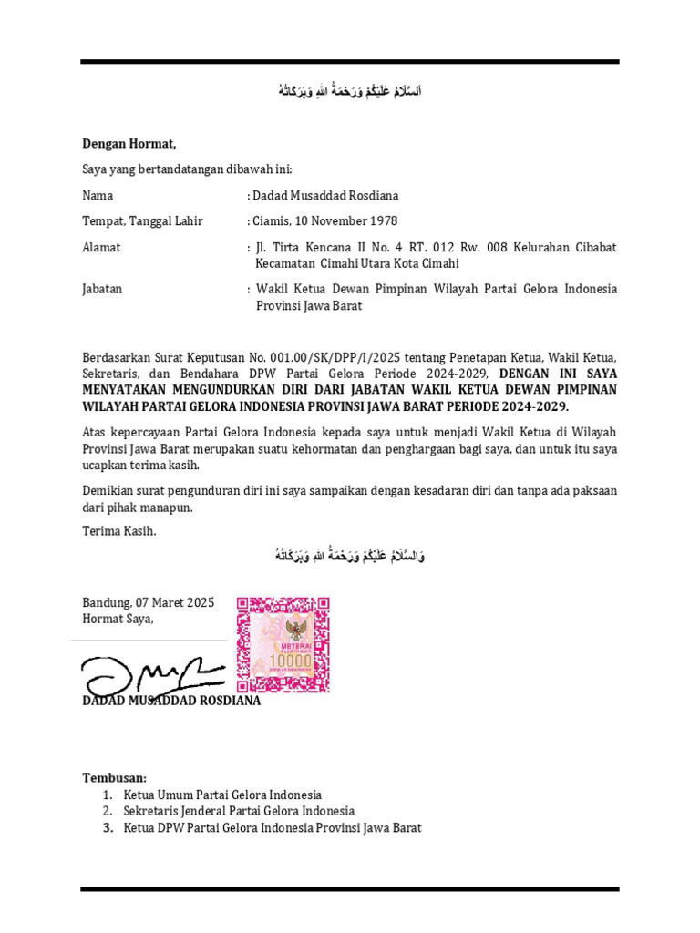 07 Maret 2025_Surat Pengunduran Diri_Dadad Musaddad Rosdiana | PDF