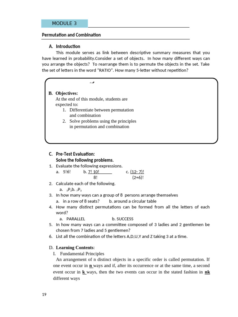 MODULE 3 Permutation and Combination 082311 | PDF | Permutation | Mathematics