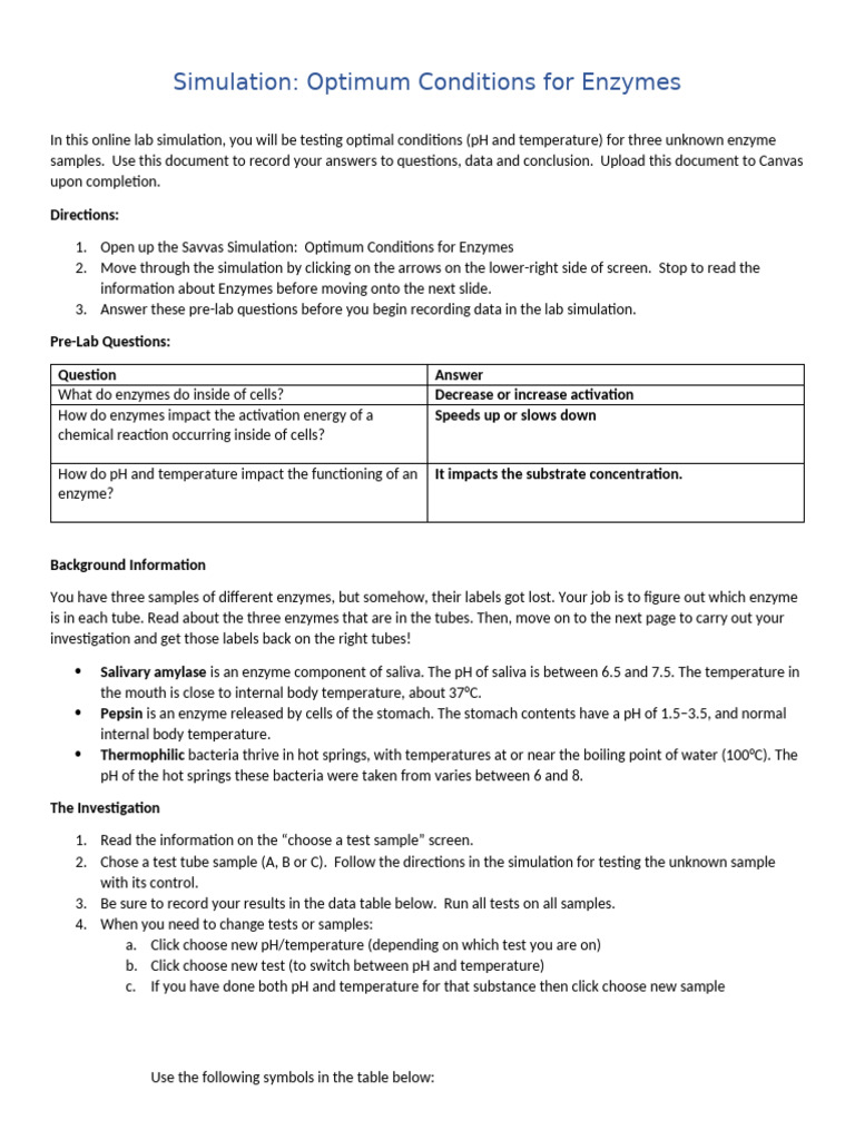 Simulation - Optimum Conditions For Enzymes Student Handout | PDF | Enzyme | Ph