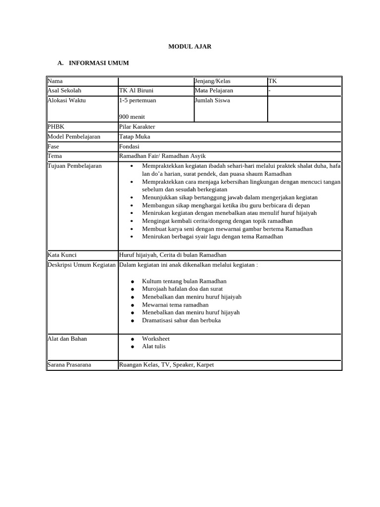Modul Ajar - Tema Ramadhan Fair - Ramadhan Asyik 1 | PDF