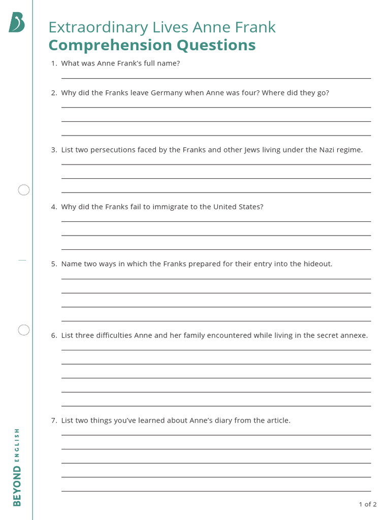 Anne Frank Comprehension Questions | PDF | Anne Frank | Diary
