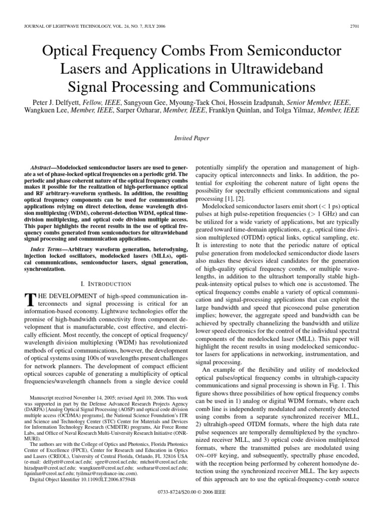 Optical Frequency Combs From Semiconductor Lasers and Applications in Ultrawideband Signal ...