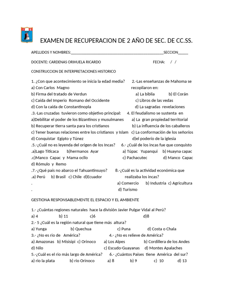 Examen de Recuperacion CCSS de 2 SEC | PDF | Imperio Inca | Oferta (economía)