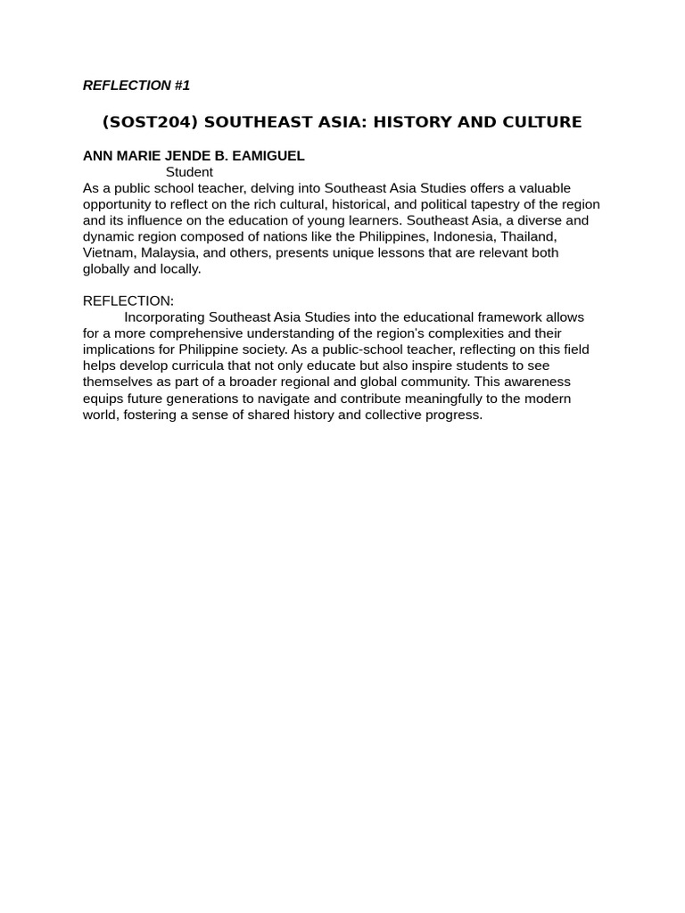 (Sost204) Southeast Asia History and Culture Reflection-1 | PDF