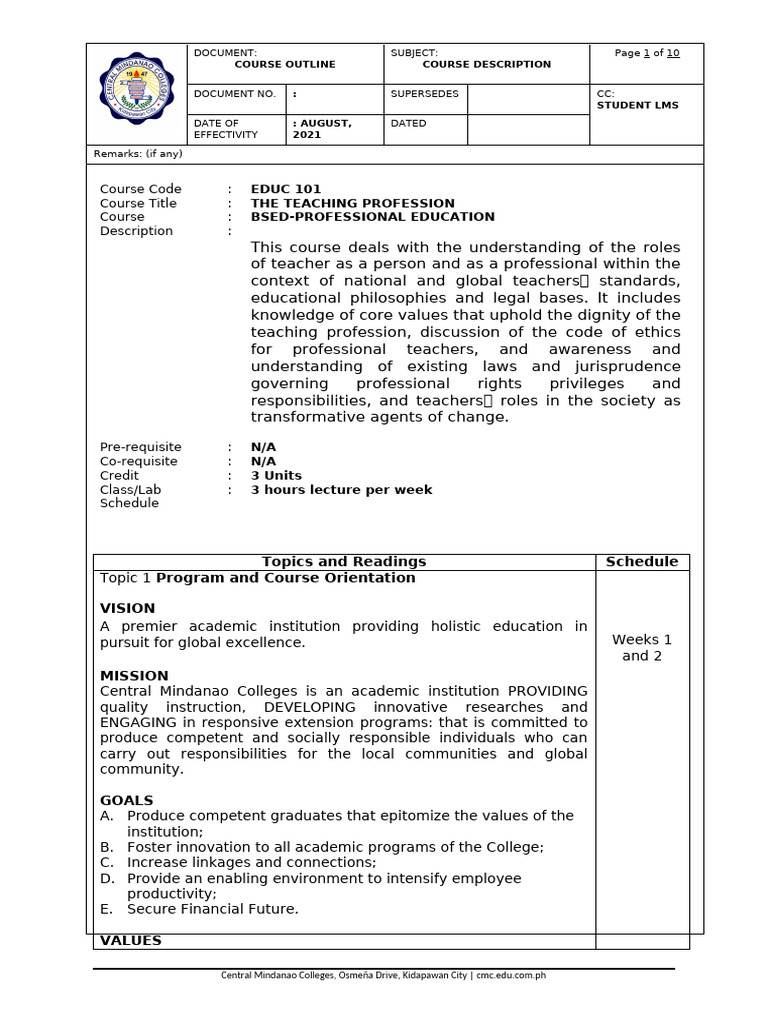 Educ-101-Course Outline-Dr. Ricky B. Pante | PDF | Learning | Teachers