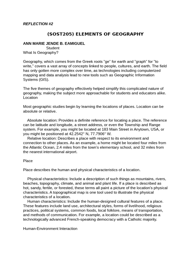 (Sost205) Elements of Geography Reflection 2 | PDF | Geography ...