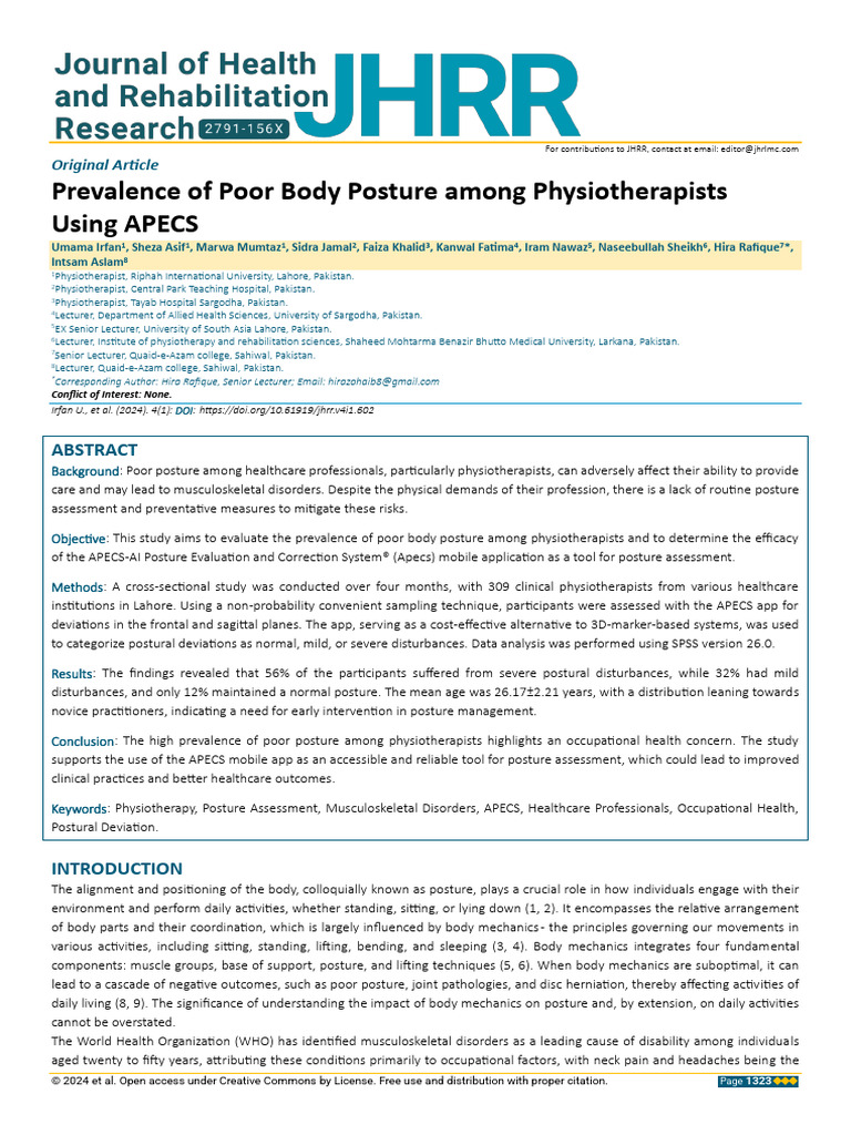Prevalence of Poor Body Posture Among Physiotherapists Using APECS | PDF | Physical Therapy ...