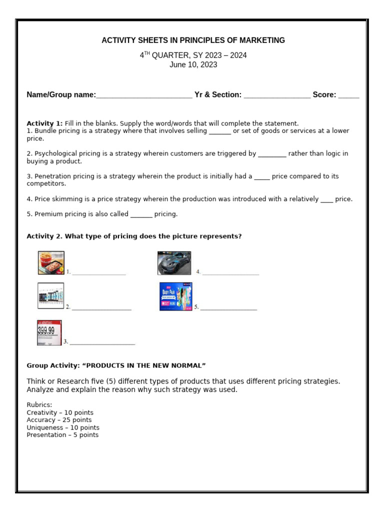 Activity Sheets in Principles of Marketingcot2 | PDF