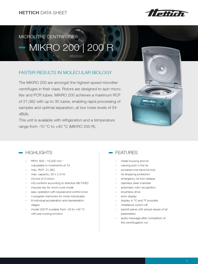 High-Speed Microlitre Centrifuges MIKRO 200 | PDF | Centrifuge ...