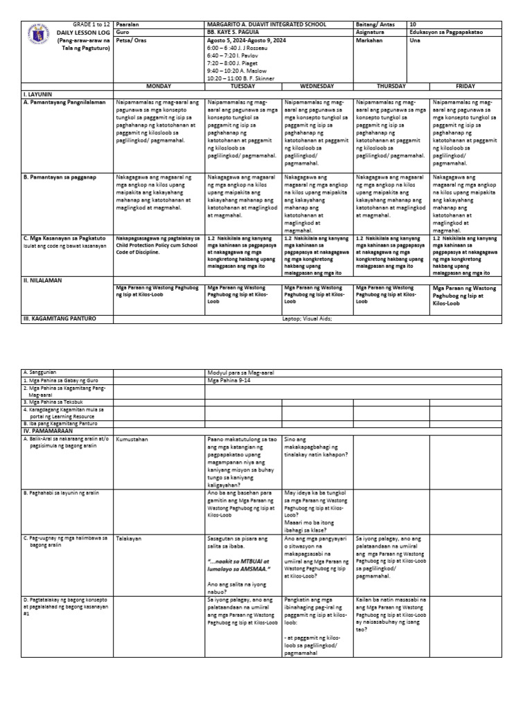 KPaguia DLL EsP10 WEEK 2 0805-0809 | PDF