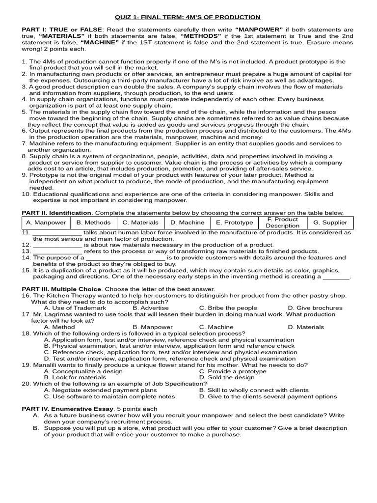 QUIZ 1 - Entrep - 4ms of Production | PDF | Supply Chain | Prototype