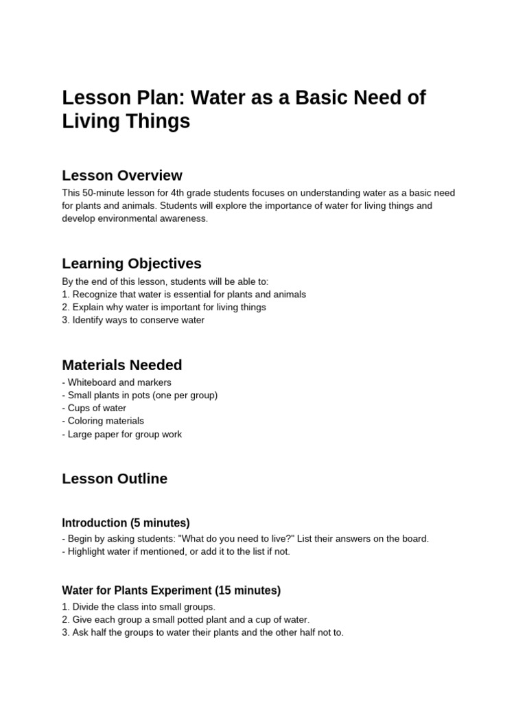 Water's Role in Life: 4th Grade Lesson Plan | PDF | Lesson Plan | Water