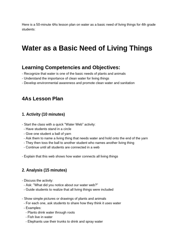 4th Grade Lesson Plan: Water Needs | PDF | Learning