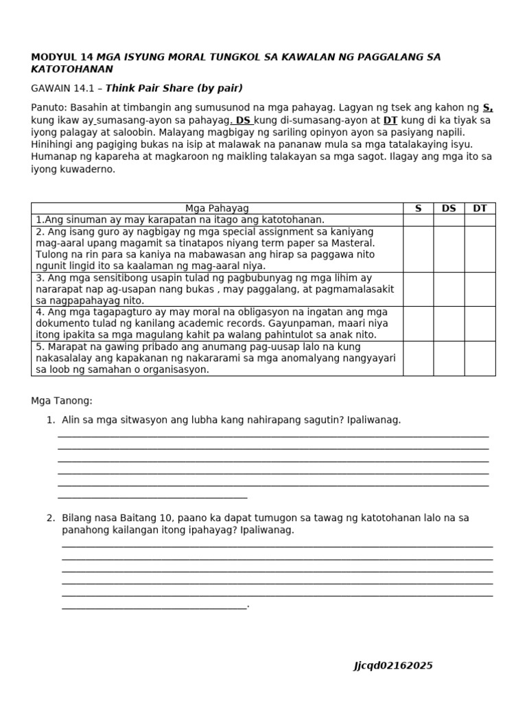 Modyul 14 Mga Isyung Moral Tungkol Sa Kawalan NG Paggalang Sa Katotohanan | PDF