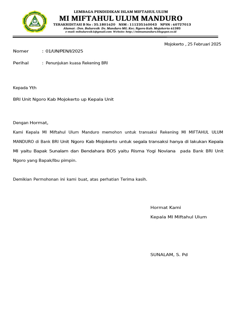 Surat BRI Rekening Penunjukan | PDF