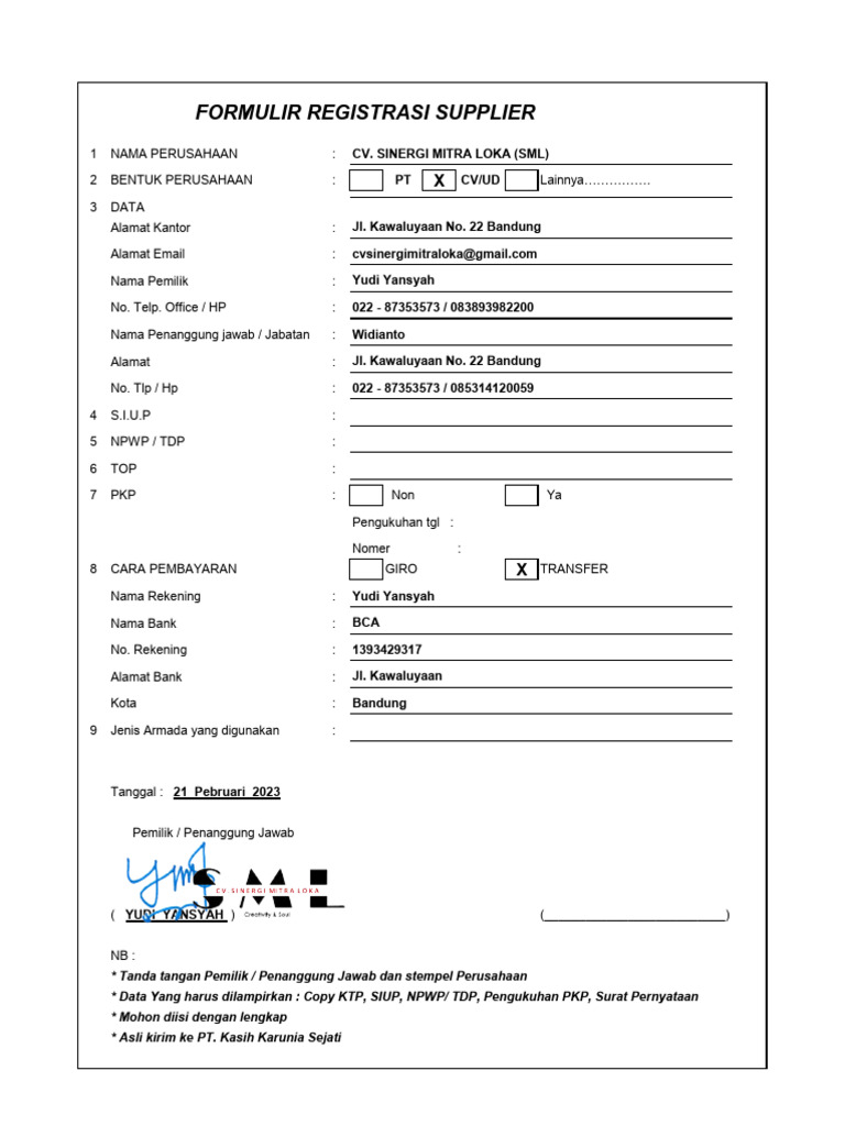 Form Registrasi Suplier | PDF
