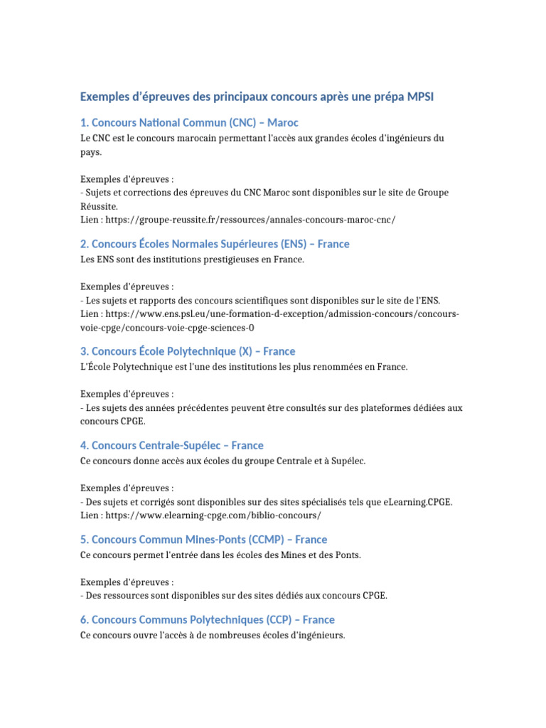 Épreuves des concours après prépa MPSI | PDF