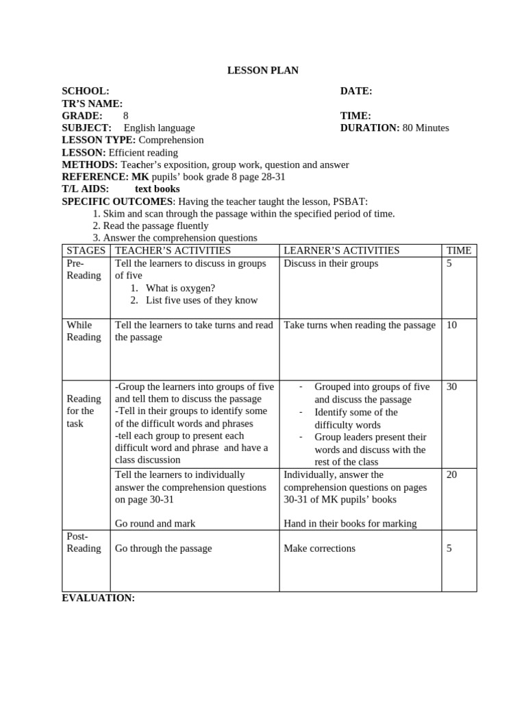 ENG LESSON PLANS 8 | PDF | Reading Comprehension | Lesson Plan