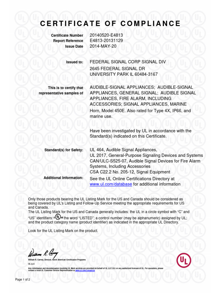 UL and cUL Certificate of Compliance 450E | PDF | Safety