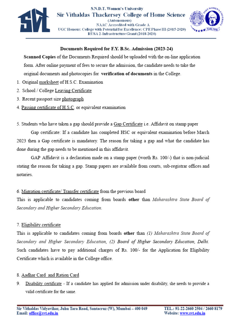 Documents Required FYBSc Admission 2023 24 | PDF
