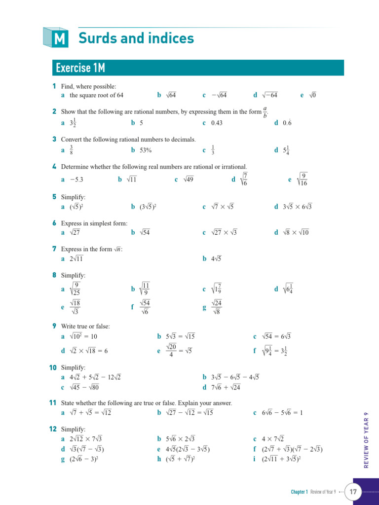 Year 9 Surds and Indices Review | PDF | Square Root | Arithmetic