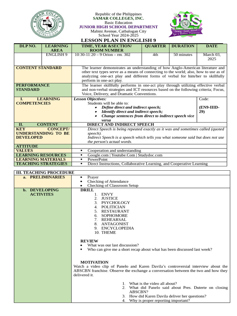 Direct and Indirect Speech DLP | PDF | Learning | Educational Technology