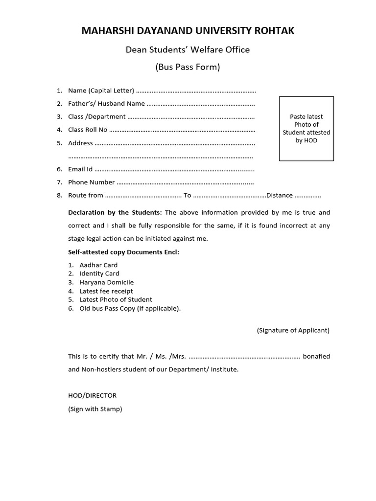 MDU Rohtak Bus Pass Application Form | PDF