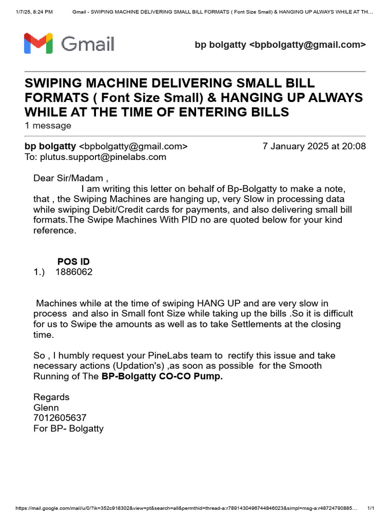 Gmail - SWIPING MACHINE DELIVERING SMALL BILL FORMATS ( Font Size Small ...