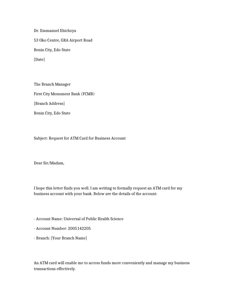 Request For ATM Card | PDF