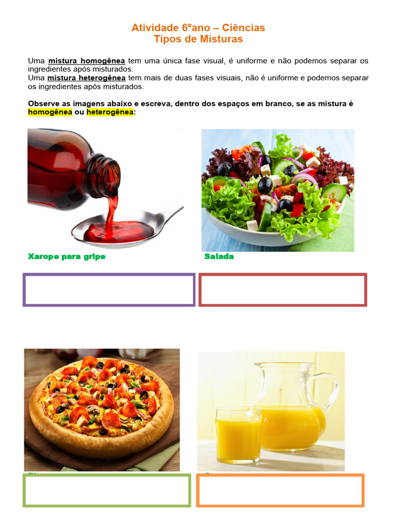 Atividade 6ºano - Tipos de misturas.docx | PDF
