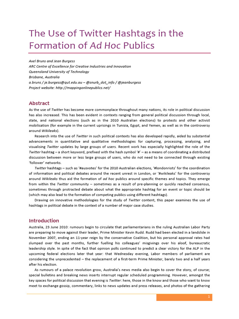 The_Use_of_Twitter_Hashtags_in_the_Formation_of_Ad_Hoc_Publics_(final) | PDF | Hashtag | Human ...