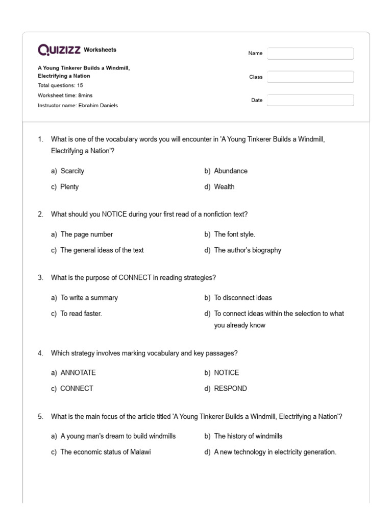 A Young Tinkerer Builds A Windmill, Electrifying A Nation - Quizizz 1 | PDF