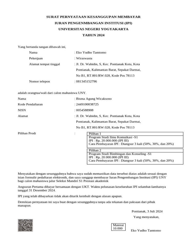 Surat Kesanggupan Bayar IPI UNY 2024 | PDF