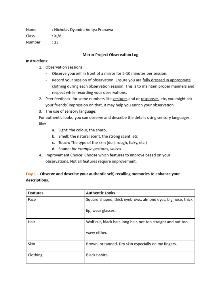 Mirror Project Observation Log - Nicholas Dyandra - XI-8 - 23 | PDF