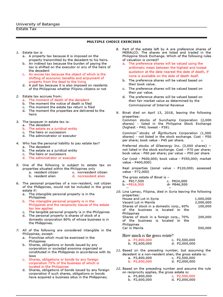 Estate Tax Quiz and Requirements | PDF | Estate Tax In The United ...