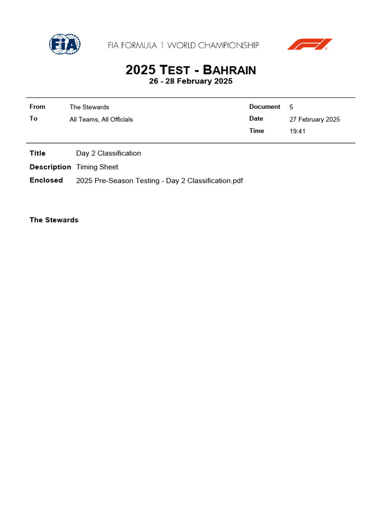 2025 Test - Bahrain - Day 2 Classification | PDF | Formula One ...