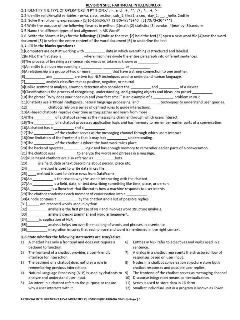 AI Class 11 Practice Questions Guide | PDF | Parsing | Syntax