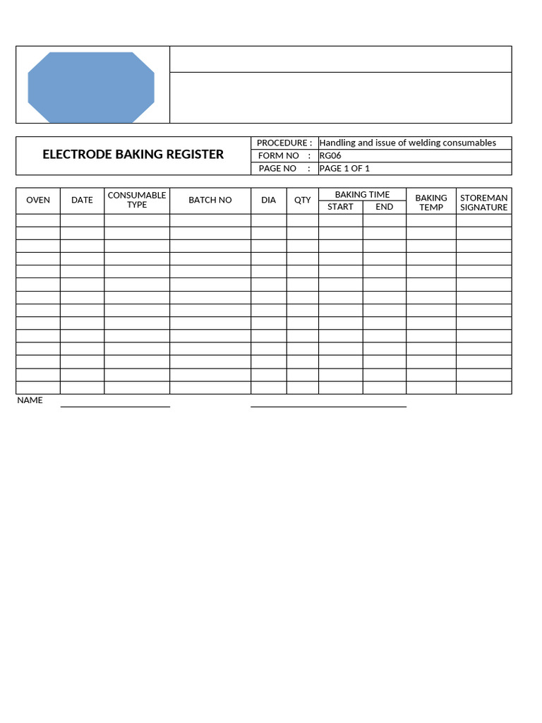 RG06 Electrode Baking Register | PDF