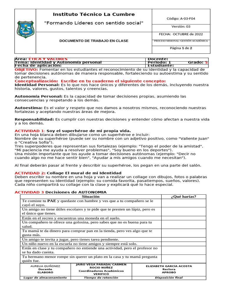 GUIA 4, Identidad, Autoestima y Autonomia | PDF | Autoestima