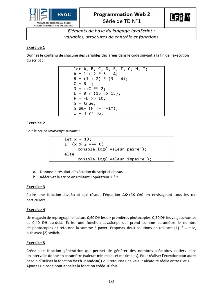 Exercices JavaScript : Variables et Fonctions | PDF | JavaScript ...
