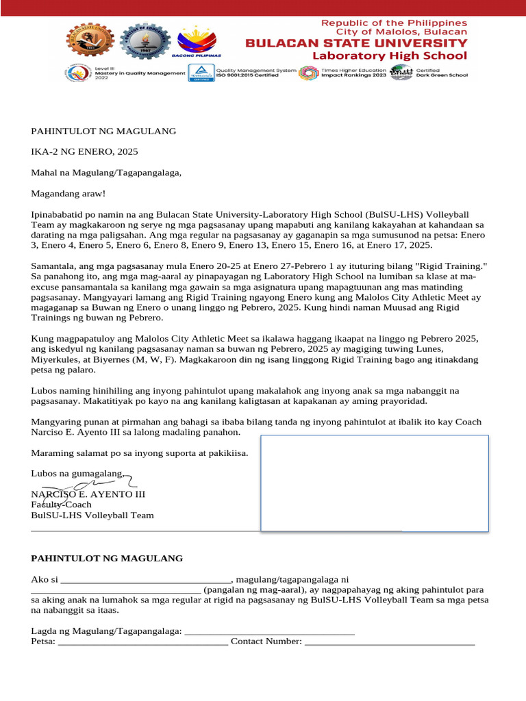 Pahintulot NG Magulang Sa Pagsali Sa VB Club at Sa Serye NG Training | PDF