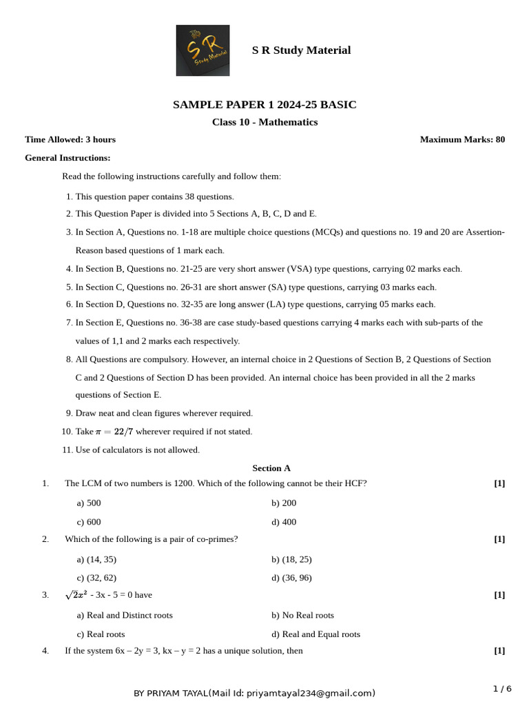Class 10 Mathematics Sample Paper 2024-25 | PDF | Angle | Circle