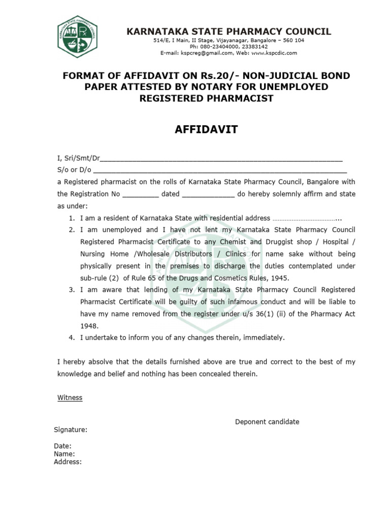 Affidavit For Unemployed Registered Pharmacist - 24-01-2018 | PDF