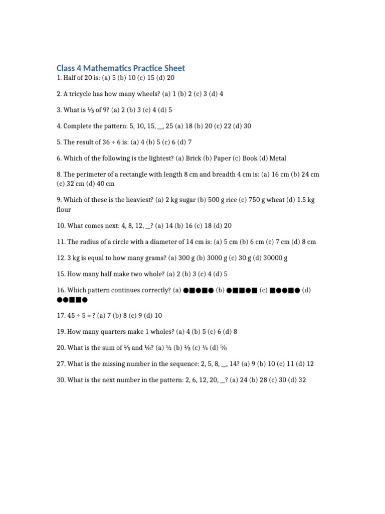 Class 4 Maths Practice Sheet | PDF