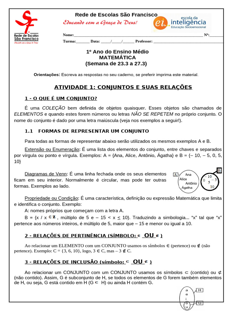 Matemática 1 Ano Atividade 1 | PDF | Matemática