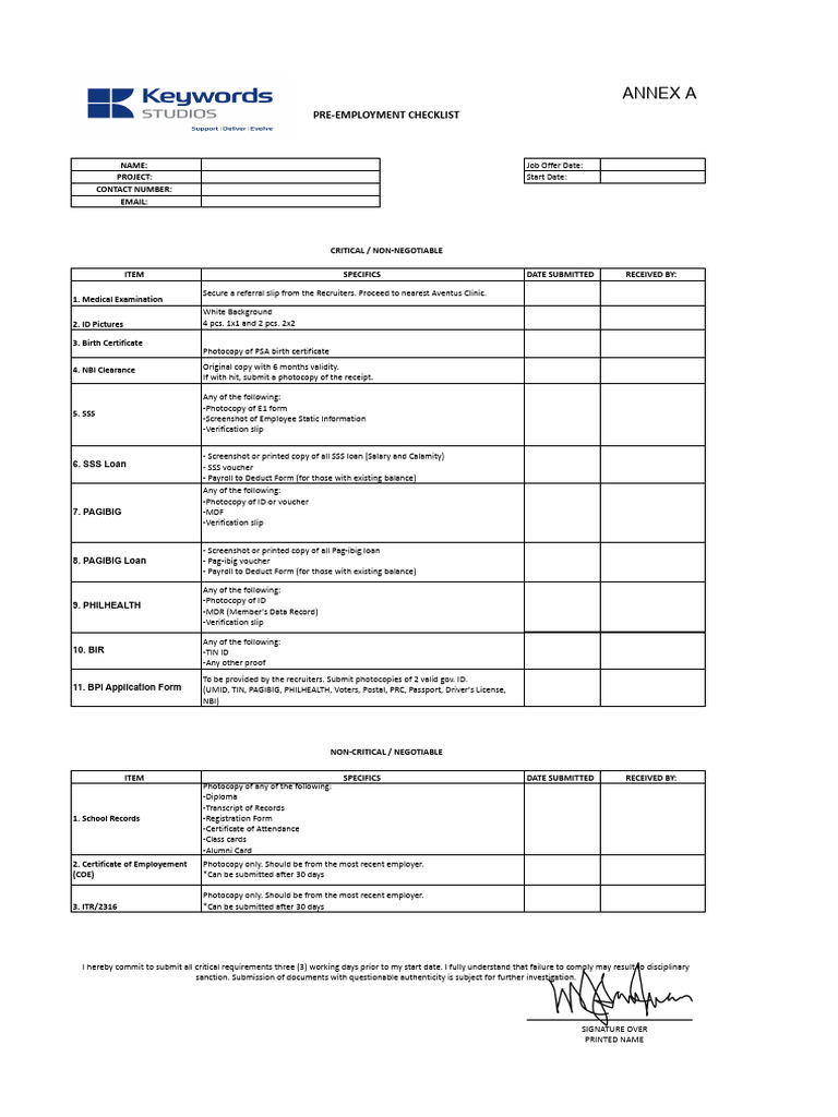 Annex A - PRE-EMPLOYMENT REQS CHECKLIST | PDF