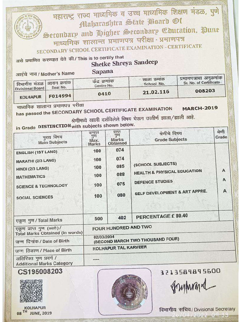 Board Certificate Shreya_compressed | PDF