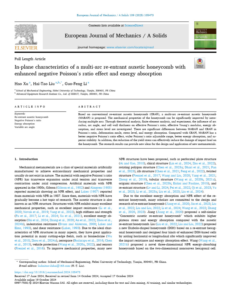 In-Plane Characteristics of A Multi-Arc Re-Entrant Auxetic Honeycomb ...