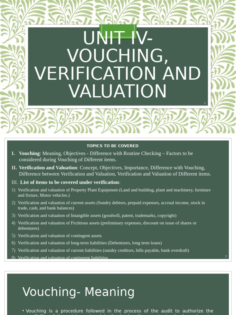 Unit 4- Vouching & Verification | PDF | Valuation (Finance) | Banks Unit 4- Vouching & Verification | PDF | Valuation (Finance) | Banks